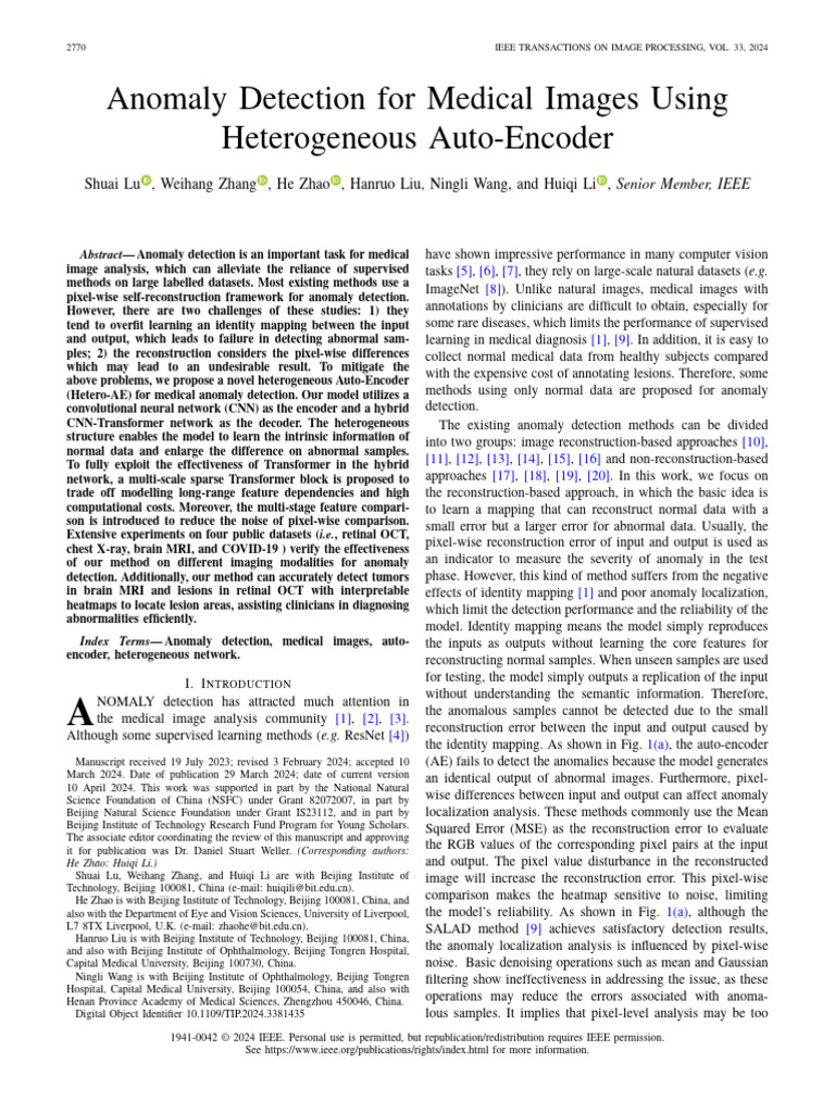Anomaly Detection For Medical Images Using Heterogeneous Auto-Encoder ...