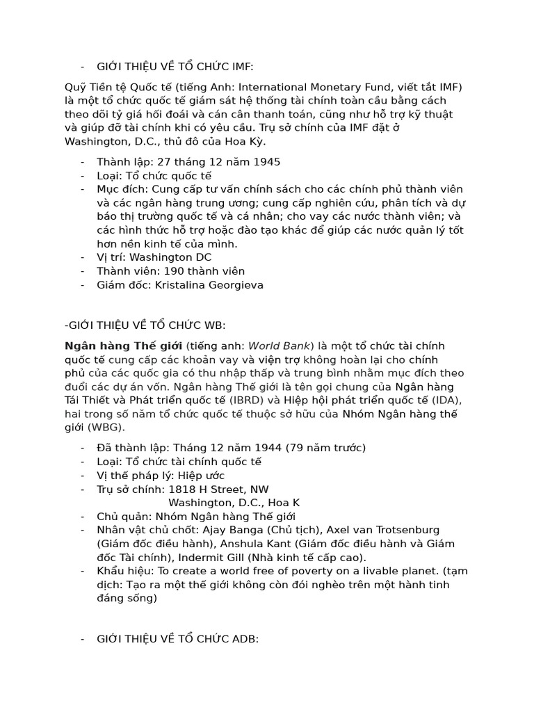 Giới thiệu về tổ chức IMF, WB, ADB | PDF
