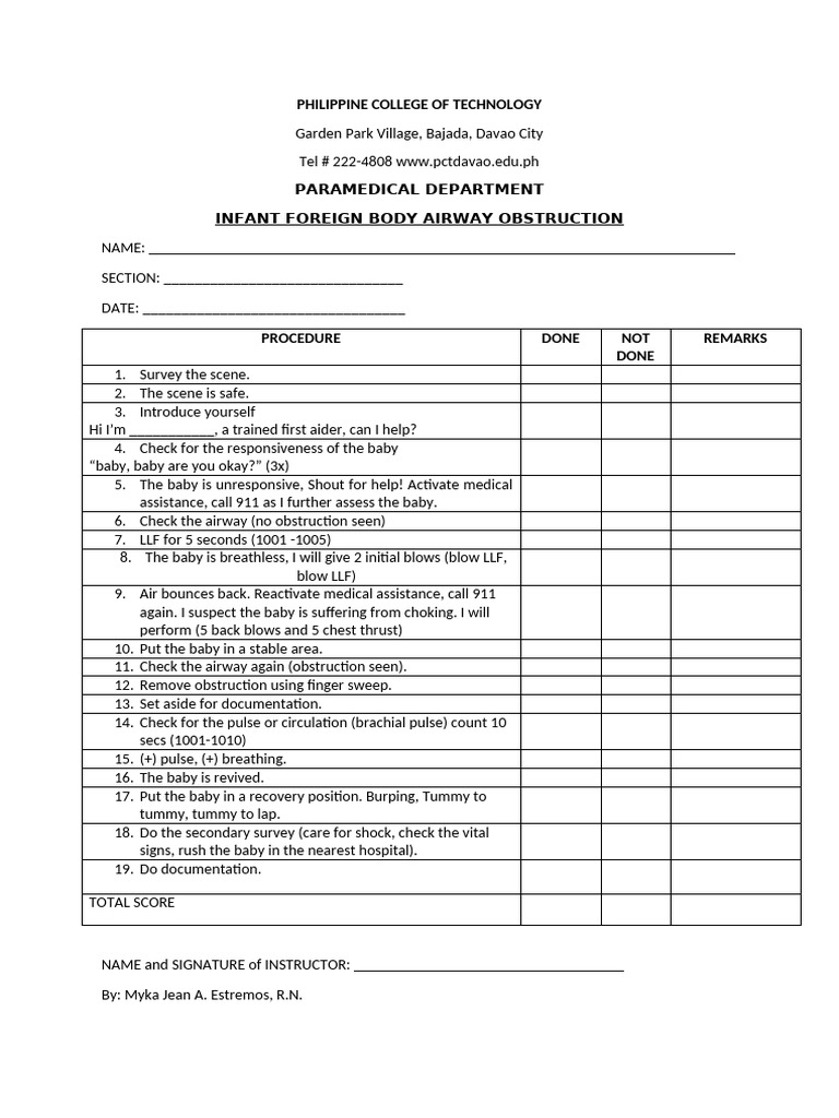 Baby Choking Checklist | PDF