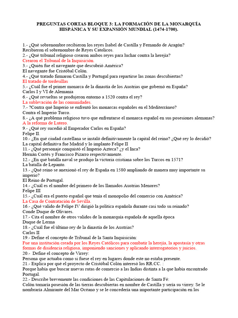 Preguntas Cortas Del Bloque 3 | PDF | Imperio español | España