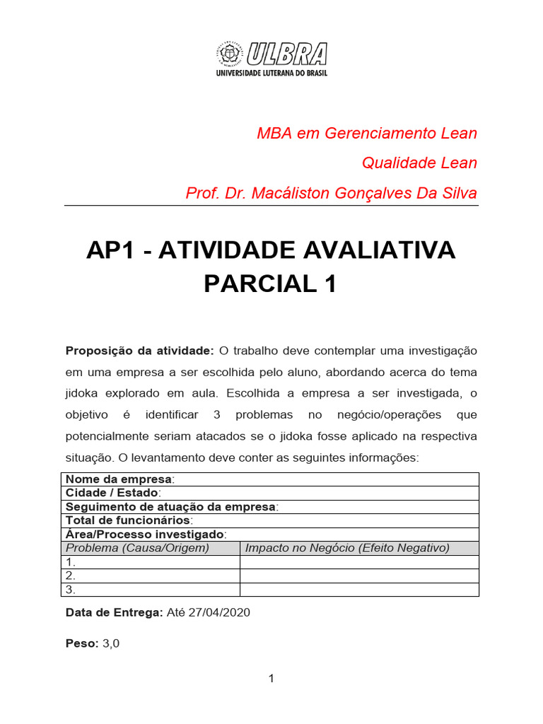(6) Atividade Avaliativa AP1 (QL MBAGL) | PDF