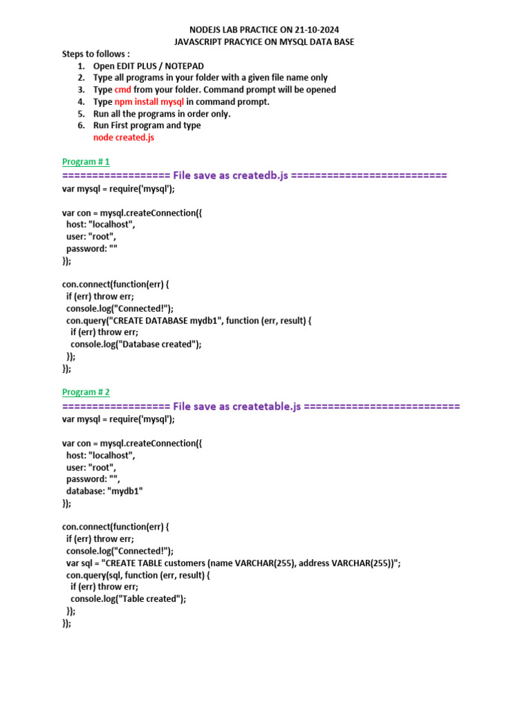 Nodejs Lab Practice On 21-10-2024 | PDF | My Sql | Databases