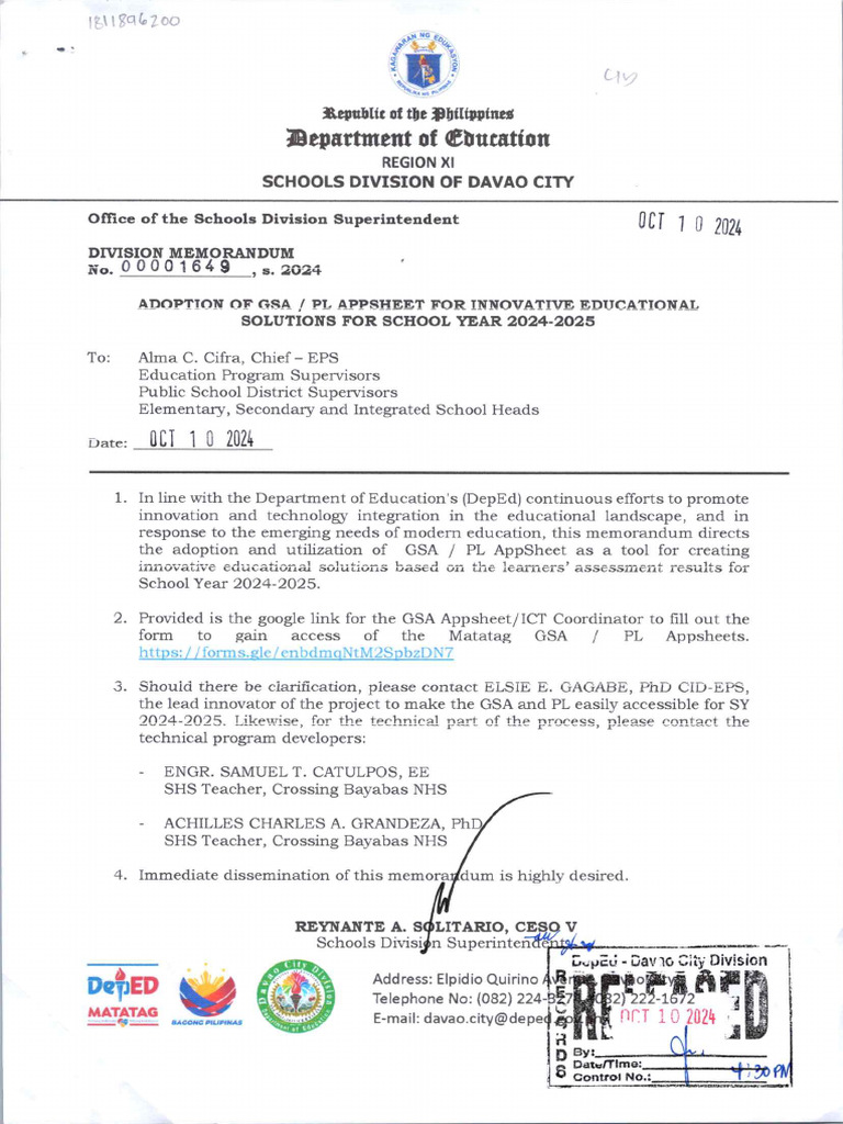 2024 DM No. 1649 ADOPTION OF GSA PL APPSHEET FOR INNOVATIVE EDUCATIONAL ...