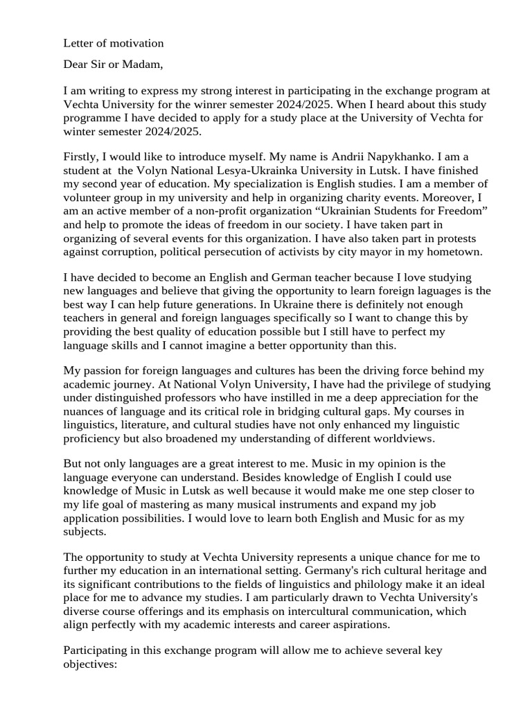 PhD Motivation Letter for Exchange Program | PDF | Cross Cultural ...