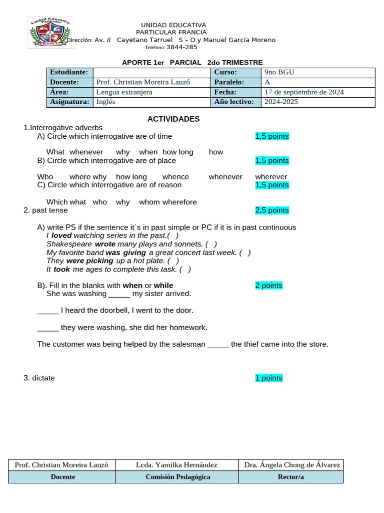 Matrices de Aporte Del Primer Parcial 2do Trimestre 9no | PDF
