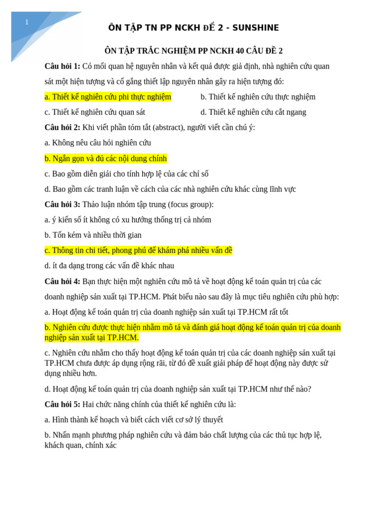 Ôn Tập Trắc Nghiệm Pp Nckh 40 Câu Đề 2 Câu hỏi 1:: ÔNT Ptnppnckh 2 - Sunshine | PDF
