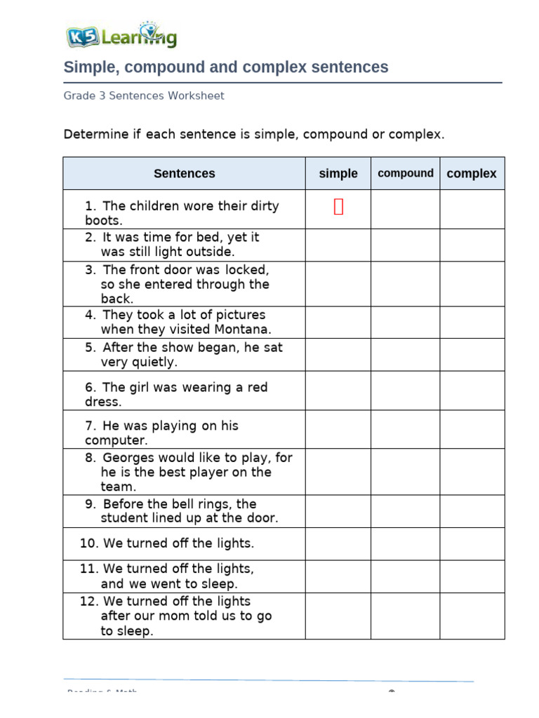 Grade 3 Simple Compound Complex Sentences A | PDF