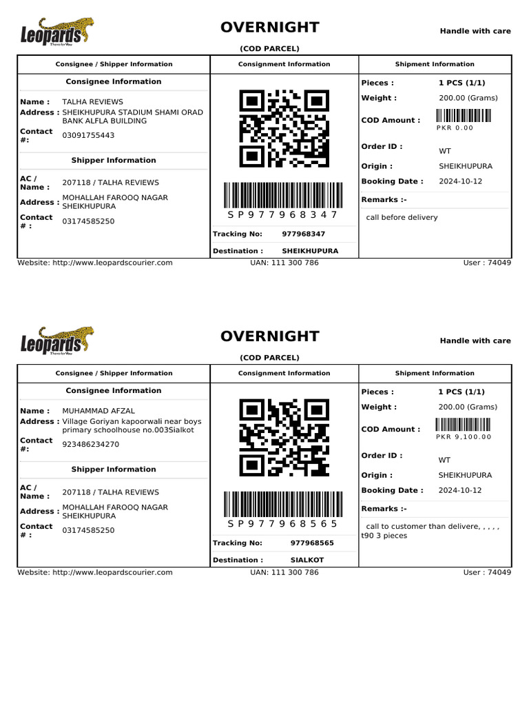 Overnight: Consignee / Shipper Information Consignment Information ...