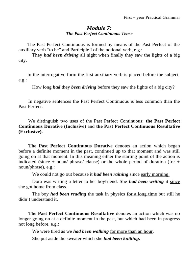 Module 7 Past Perf Cont | PDF | Perfect (Grammar) | Verb