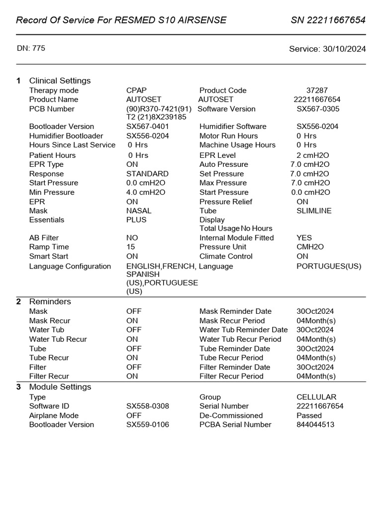 Record of Service For RESMED S10 AIRSENSE SN 22211667654 | PDF