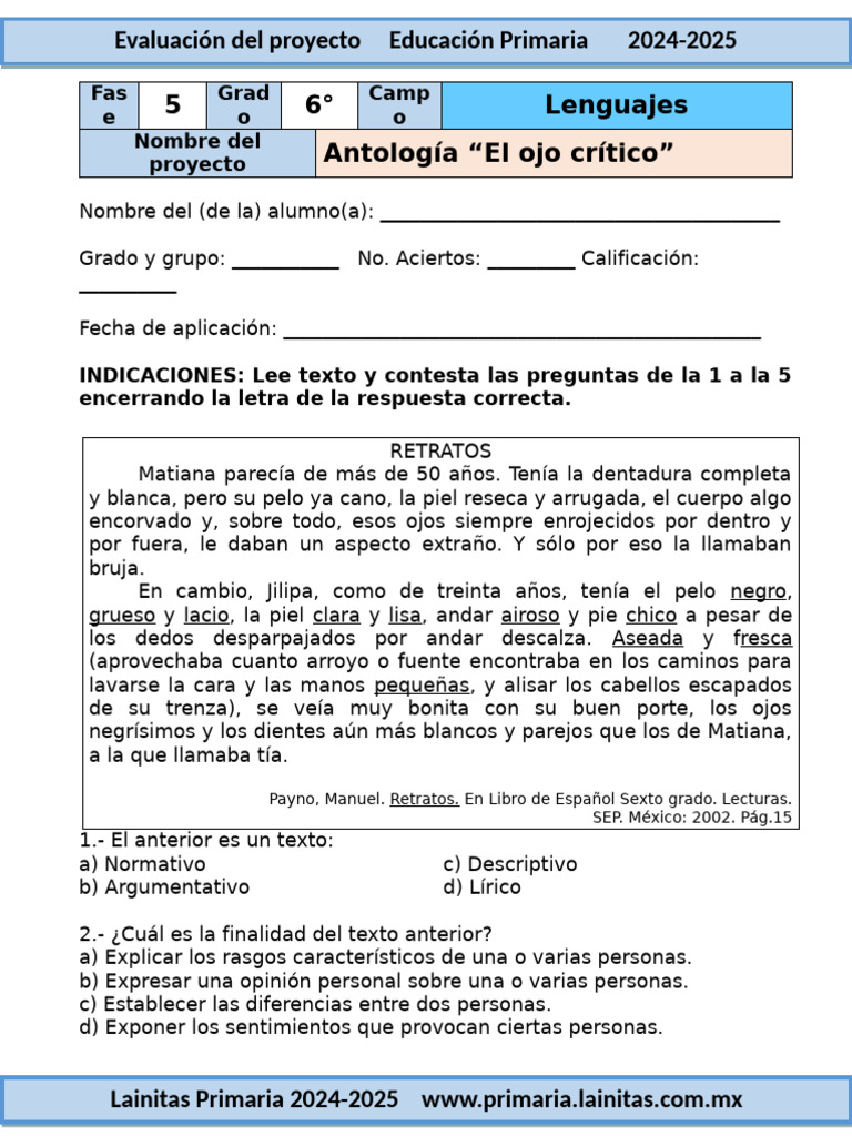 6to Grado Noviembre - Examen 05 Antología El Ojo Crítico (2024-2025) | PDF | Adverbio | Lingüística
