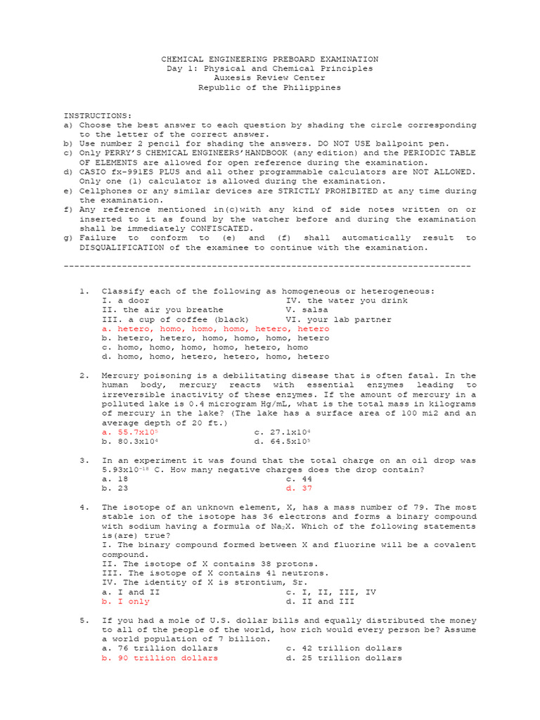 Preboard Exam Day1 Answer Key 1 Pdf Pdf Chemokine Chemical Polarity