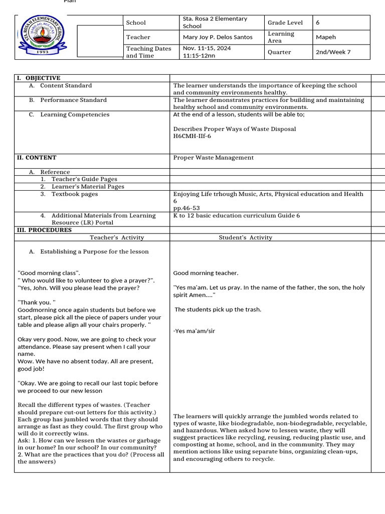 Proper Waste Management Lesson Plan | PDF | Waste Management | Recycling