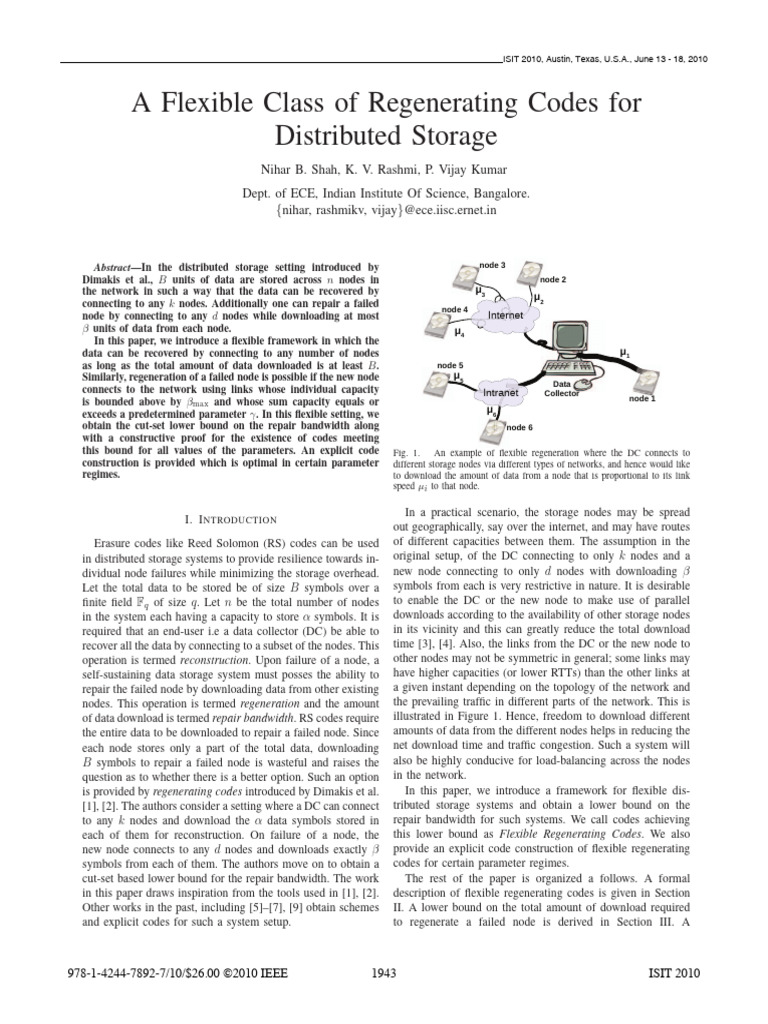 A Flexible Class of Regenerating Codes For Distributed Storage - Shah, Rashmi, Kumar - 2010 ...