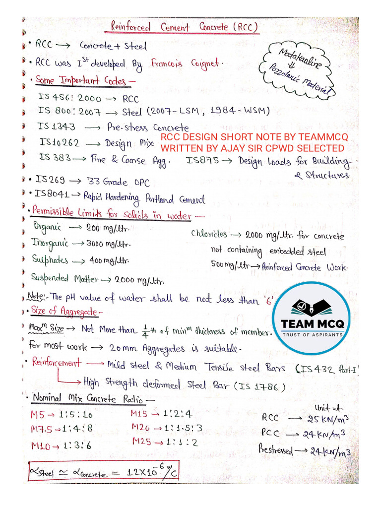 RCC Design Short Notes by TeamMCQ | PDF
