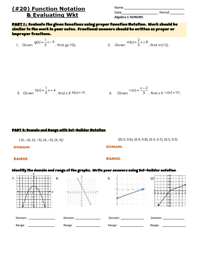 HWK - 20 - Unit 3 - Alg1Hon - Function Notation & Evaluating WKT (2024 ...