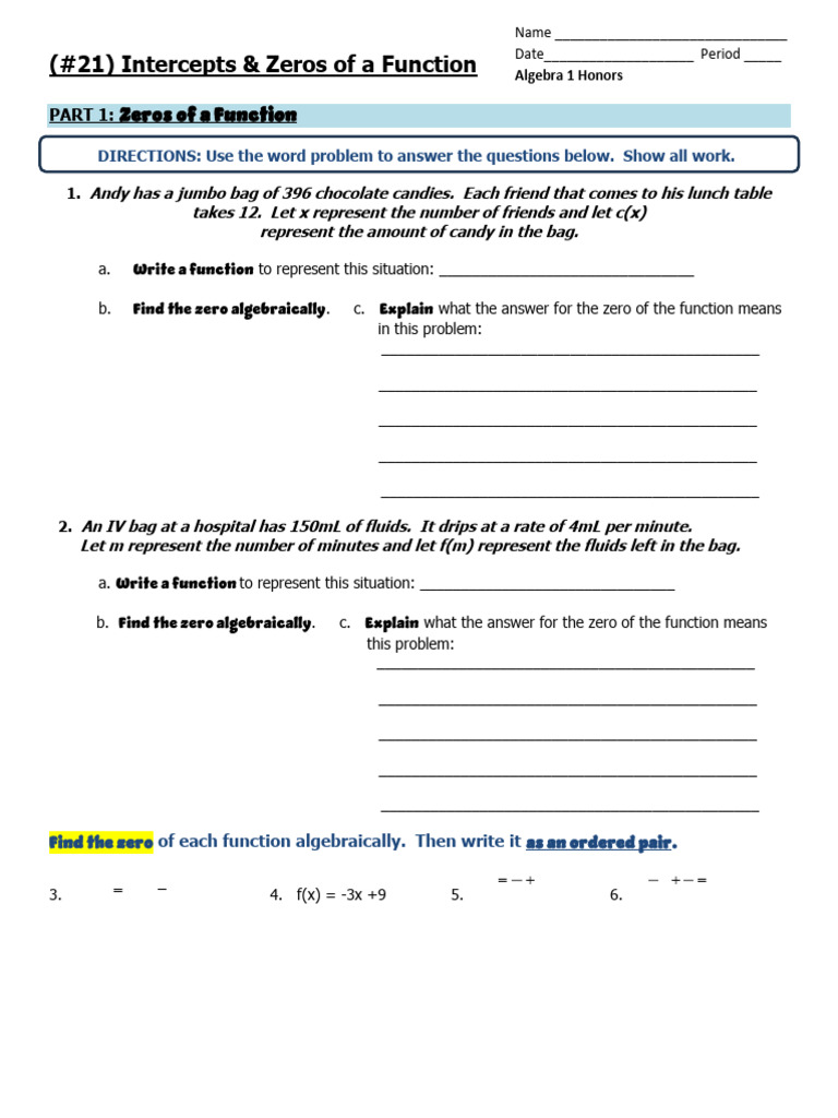 HWK - 21 - Unit 3 - Alg1Hon - Intercepts and Zeros(2024) wkt | PDF | Zero Of A Function ...