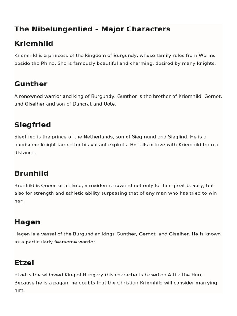 Important Characters in The Nibelungenlied | PDF