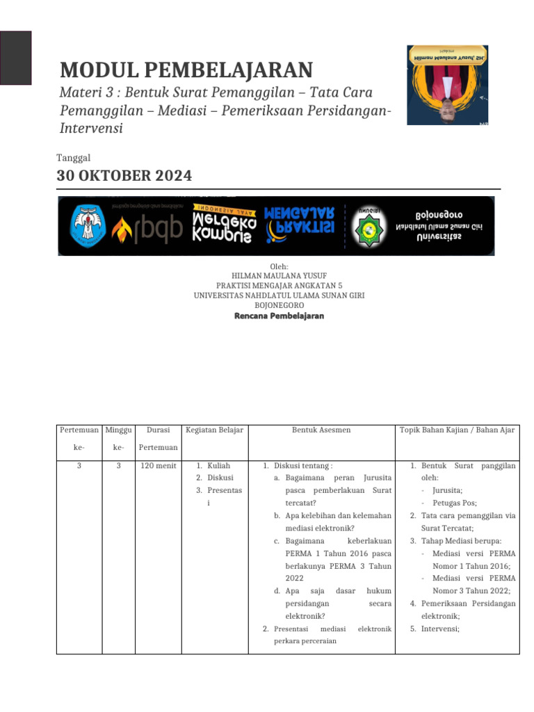 Modul Pengajaran - Materi 3 Pemanggiln - Mediasi - Pemeriksaan Persidangn - Intervensi UNUGIRI ...