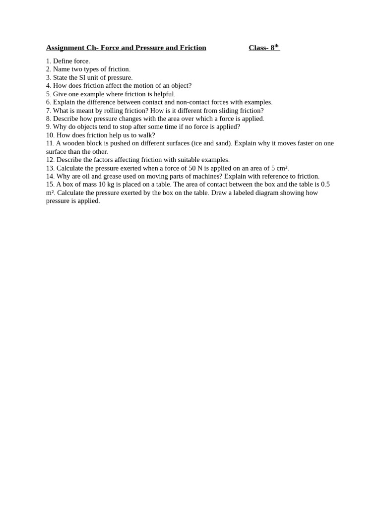 Assignment CH Force and Pressure and Friction Class 8 | PDF | Teaching Methods & Materials ...