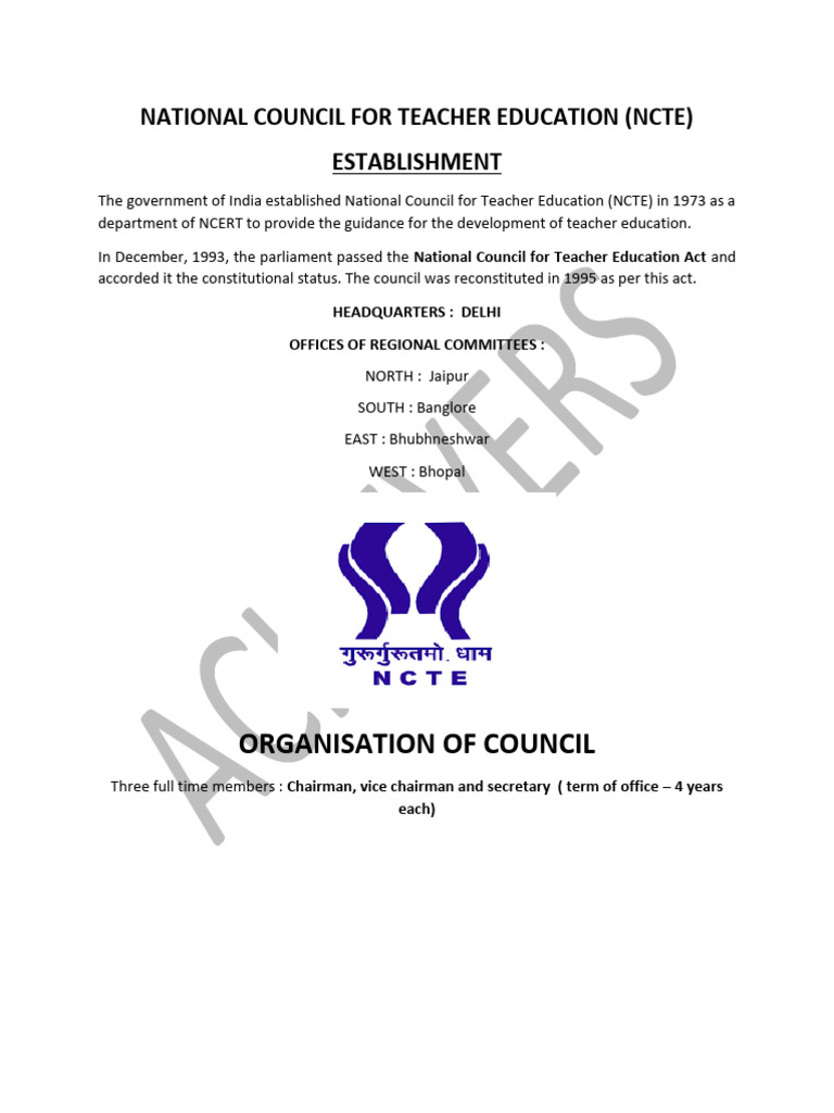 NATIONAL COUNCIL FOR TEACHER EDUCATION (NCTE) (English) - 34082524 ...