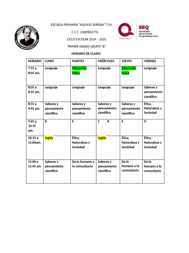 Horario Clases Primer Grado B 2024-2025 | PDF | Filosofía | Artes del ...