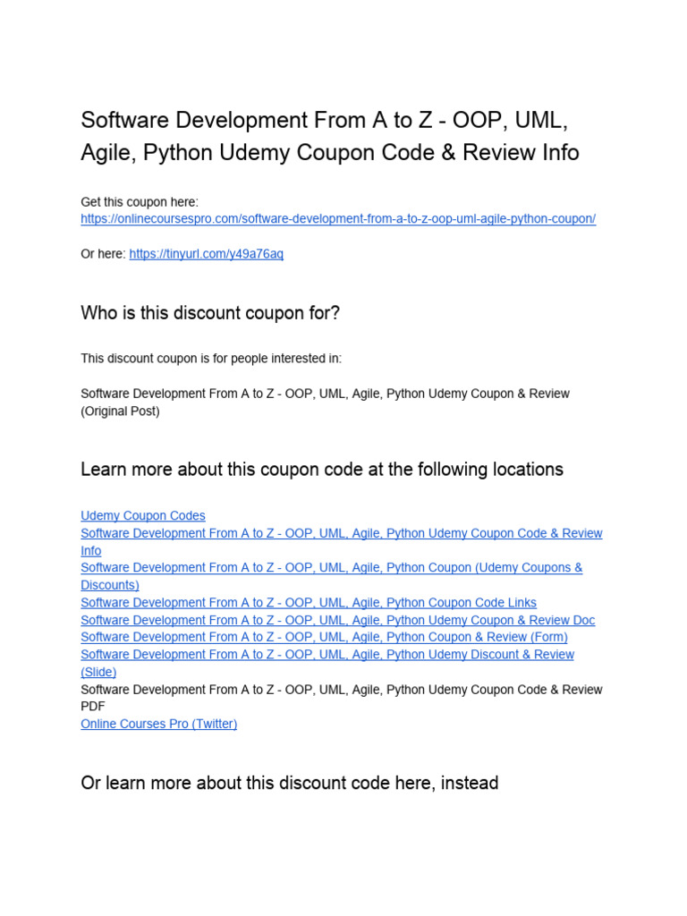Software Development From A To Z - OOP, UML, Agile, Python Udemy Coupon Code & Review PDF | PDF ...