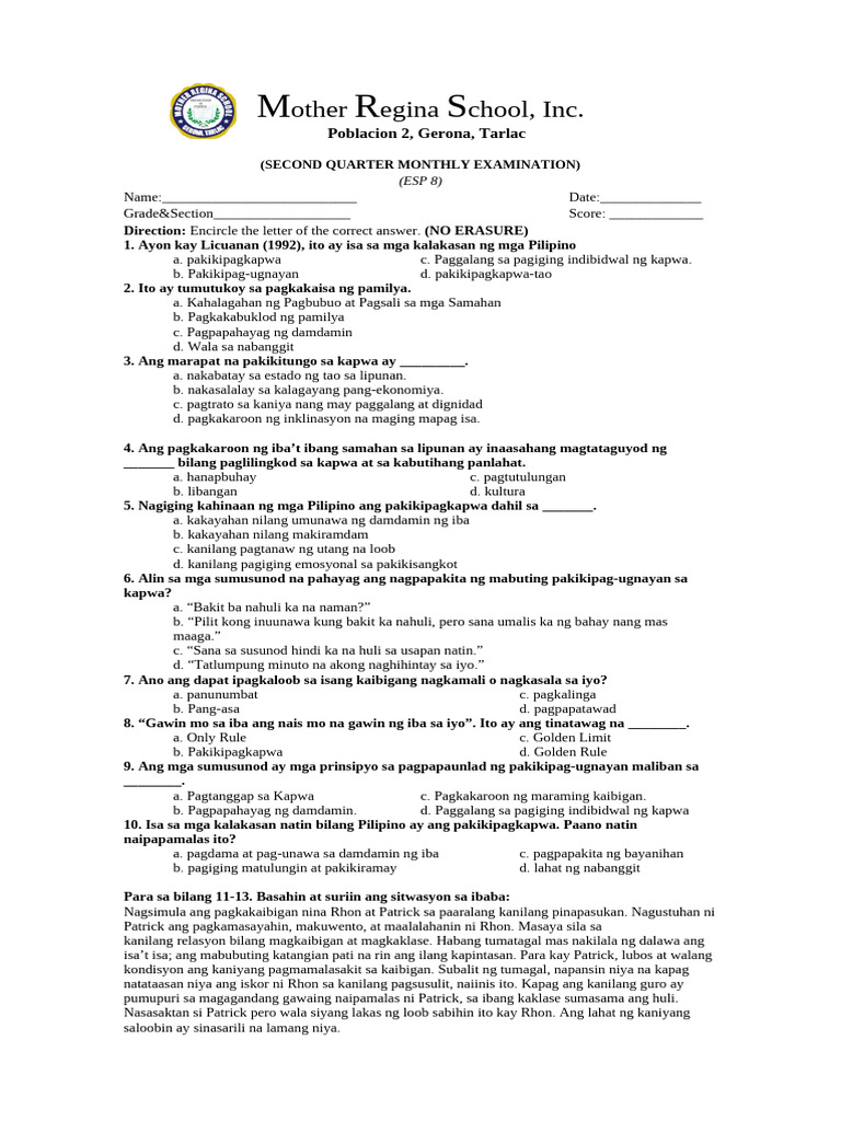 ESP 8 2nd Quarter Test | PDF