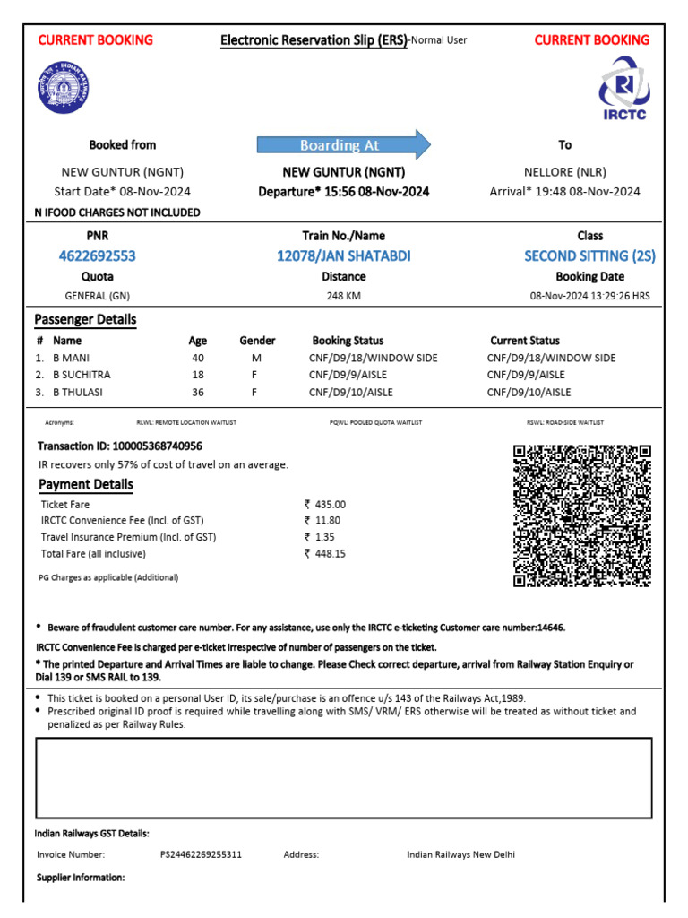 12078/JAN SHATABDI Second Sitting (2S) | PDF | Identity Document | Payments