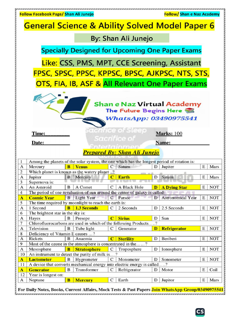 6th General Science & Ability Solved Model Paper For CCE & All One ...