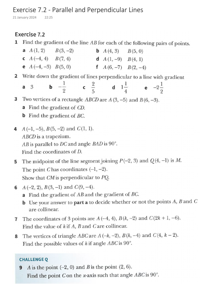 Exercise 7.2 - Parallel and Perpendicular Lines | PDF