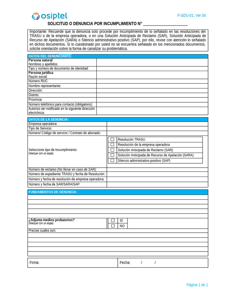 Formato de Denuncias Por Incumplimiento Mar 2022 | PDF