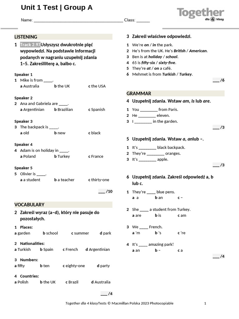 Together kl4 U1 Unit Test Standard A | PDF