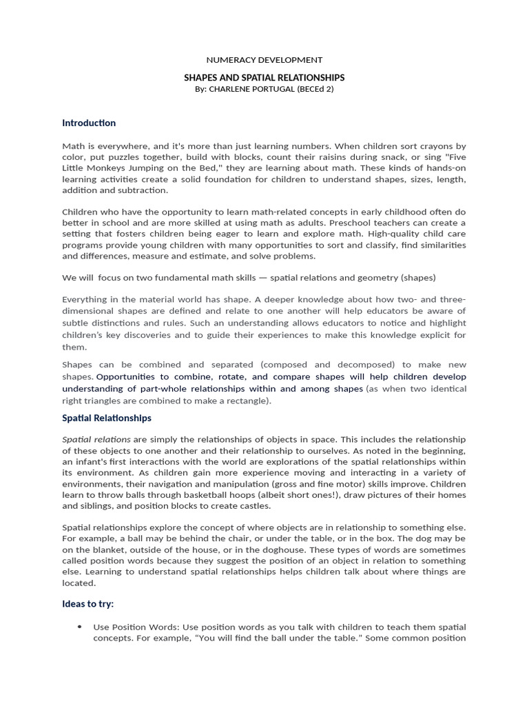 NUMERACY DEVELOPMENT SHAPES AND SPATIAL Soft | PDF | Shape | Mathematics