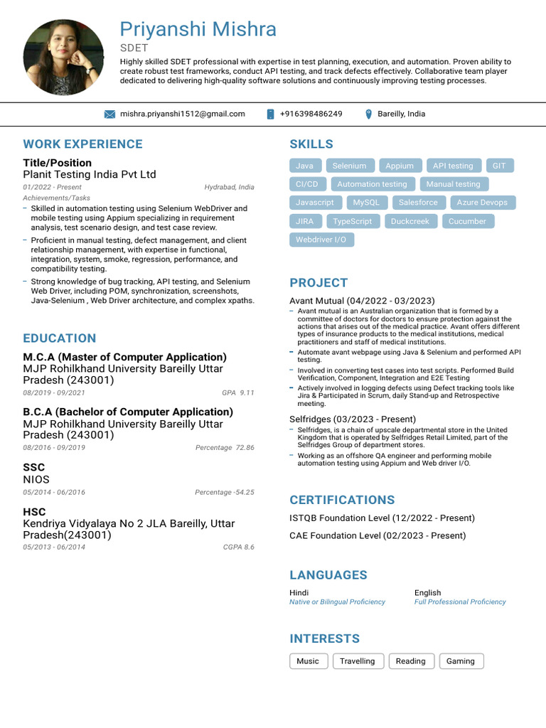 Priyanshi's Resume | PDF | Selenium (Software) | Software Engineering