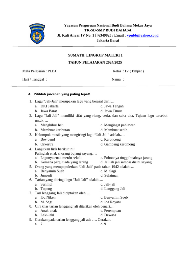 Sumatif Lingkup Materi PLBJ Bab 1 Kelas 4 | PDF | Seni & Disiplin Bahasa | Kajian Bahasa Asing