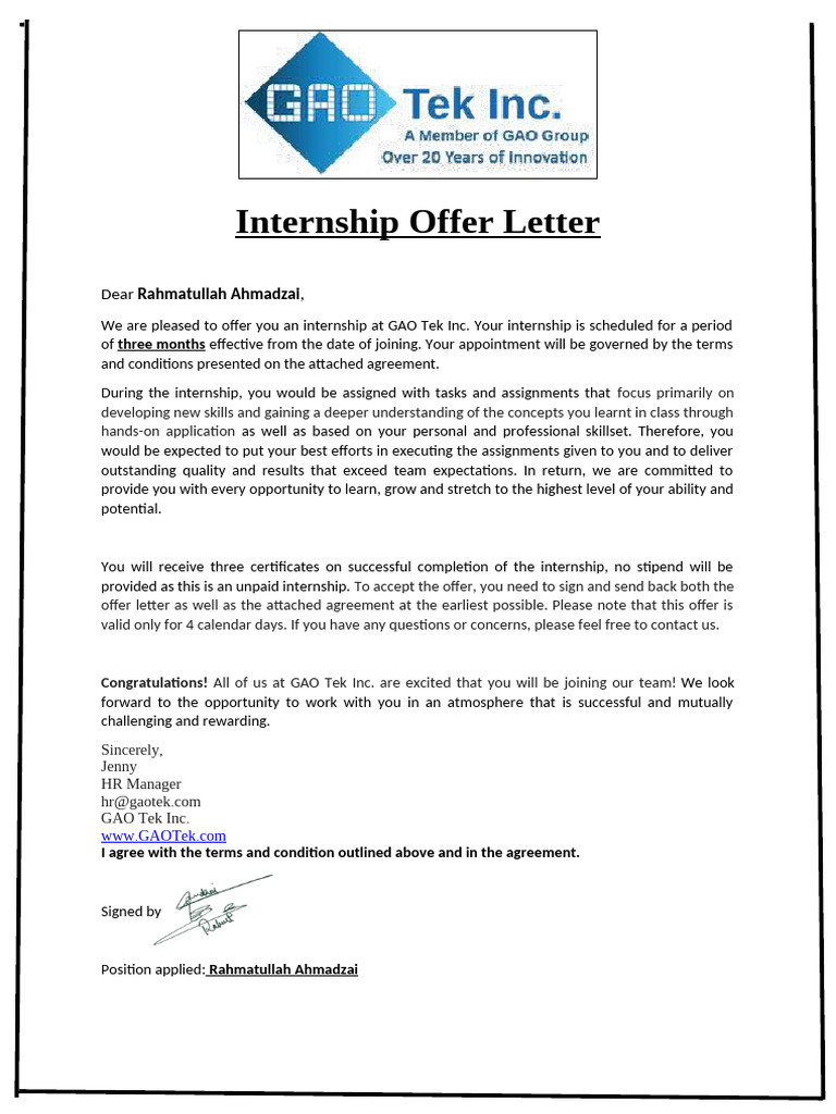Internship Offer Letter Template | PDF | Finance & Money Management
