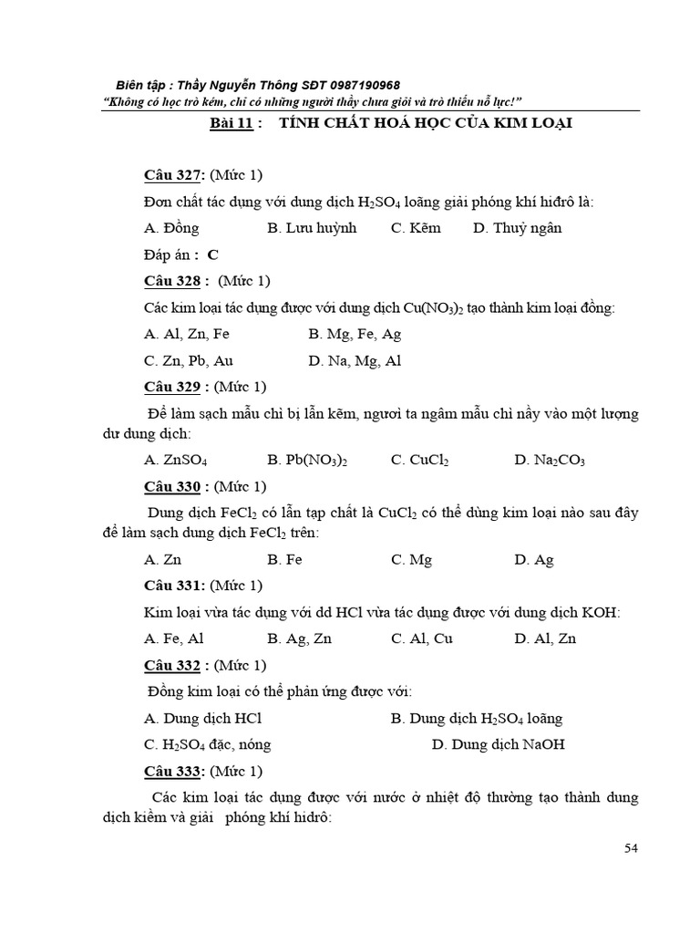 Bài tập TCHH của kim loại | PDF