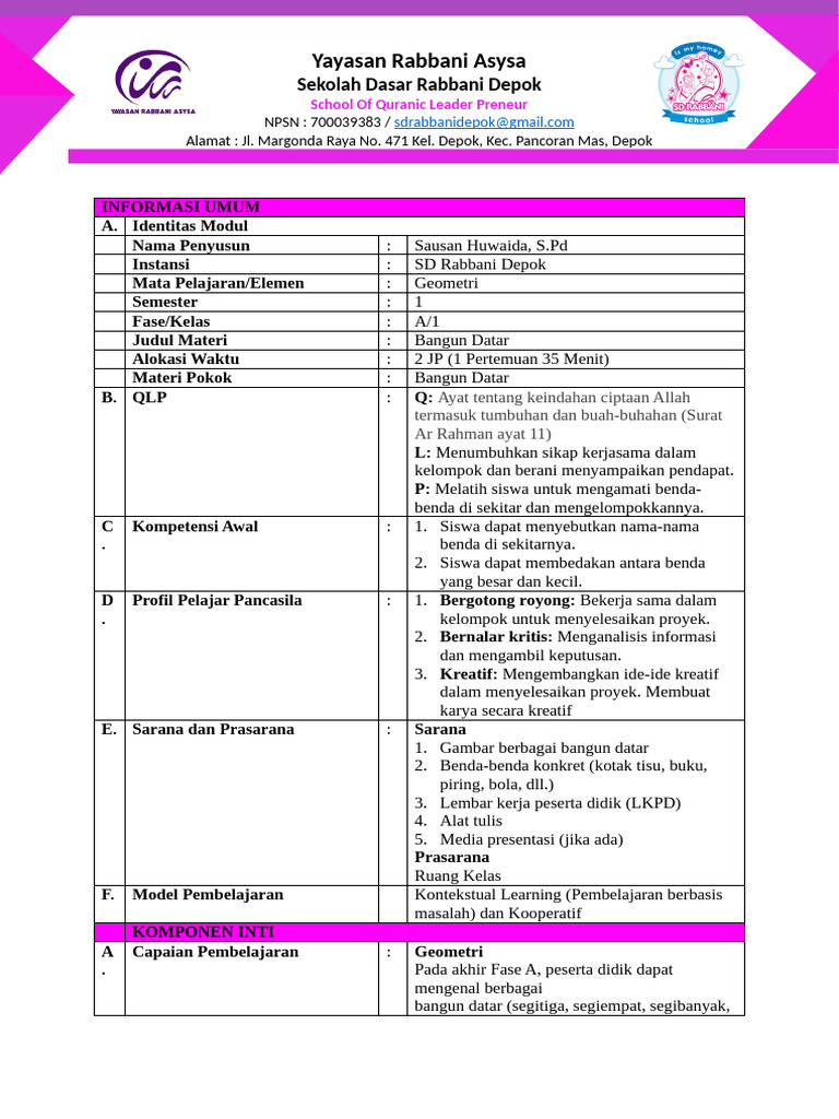Modul Ajar Matematika Bab 4 Bangun Datar Kelas 1 | PDF