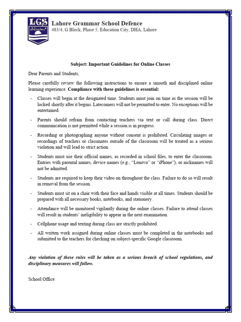 School Guidelines For Online Classes | PDF
