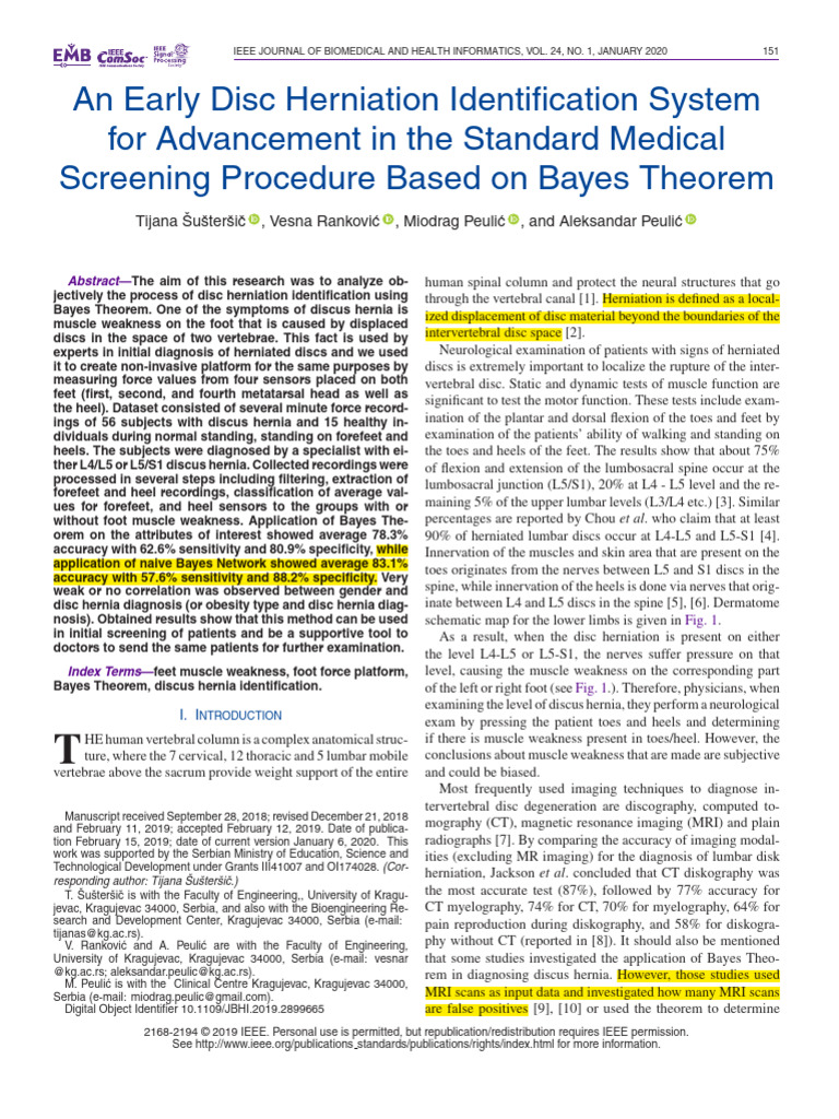 An Early Disc Herniation Identification System For Advancement in The ...