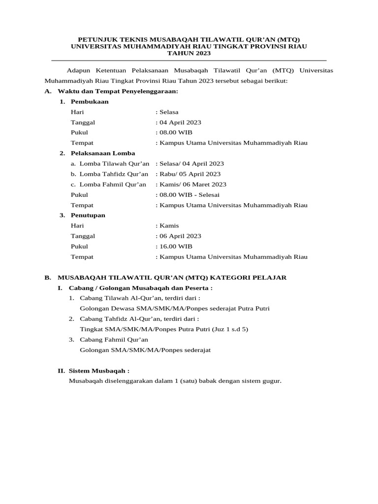 Petunjuk Teknis MTQ Umri 2023 Revisi | PDF