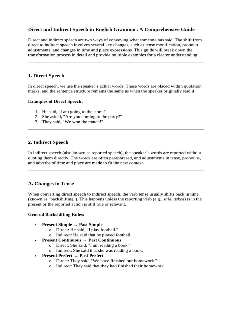 Direct and Indirect Speech in English Grammar | PDF | Languages ...