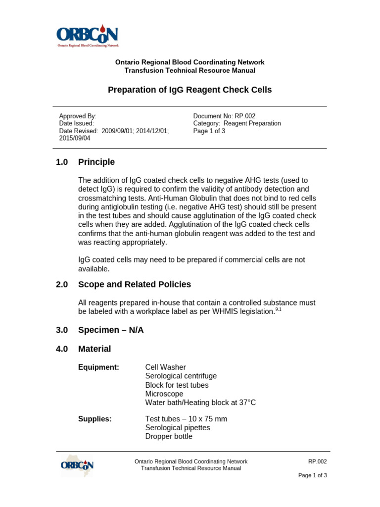 RP.002 Preparation of IgG Reagent Check Cells Coombs Control Cells 2 ...