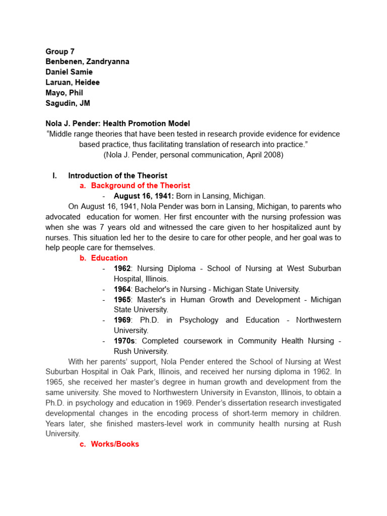 Nola Pender's Health Promotion Model | PDF | Behavior | Health Promotion