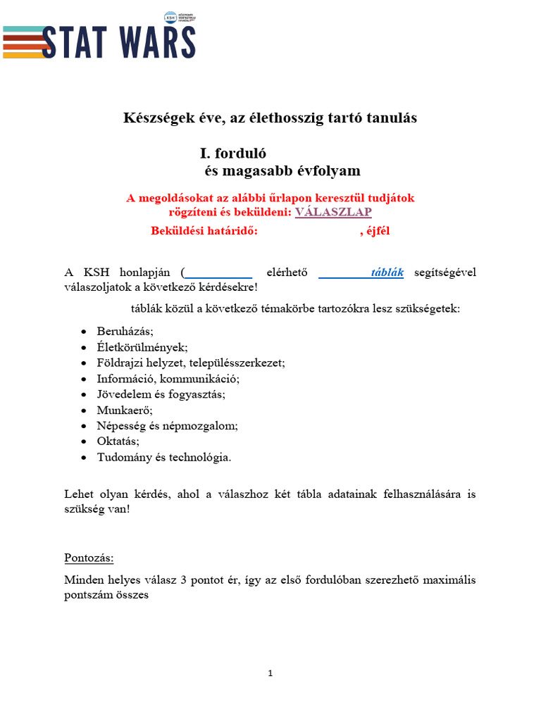 STAT WARS XI - I - Forduló - 11. És Magasabb Évfolyam - Feladatlap | PDF