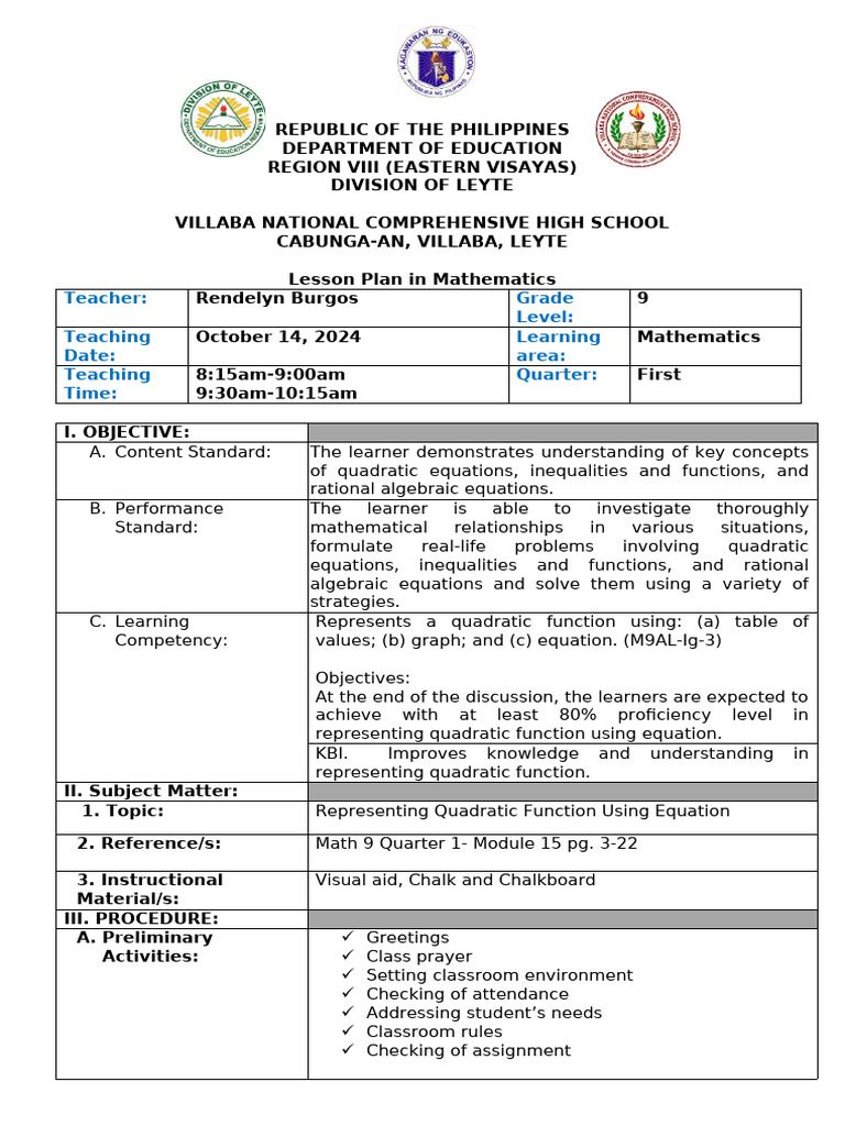 Representing Quadratic Function Using Equation | PDF | Function (Mathematics) | Equations