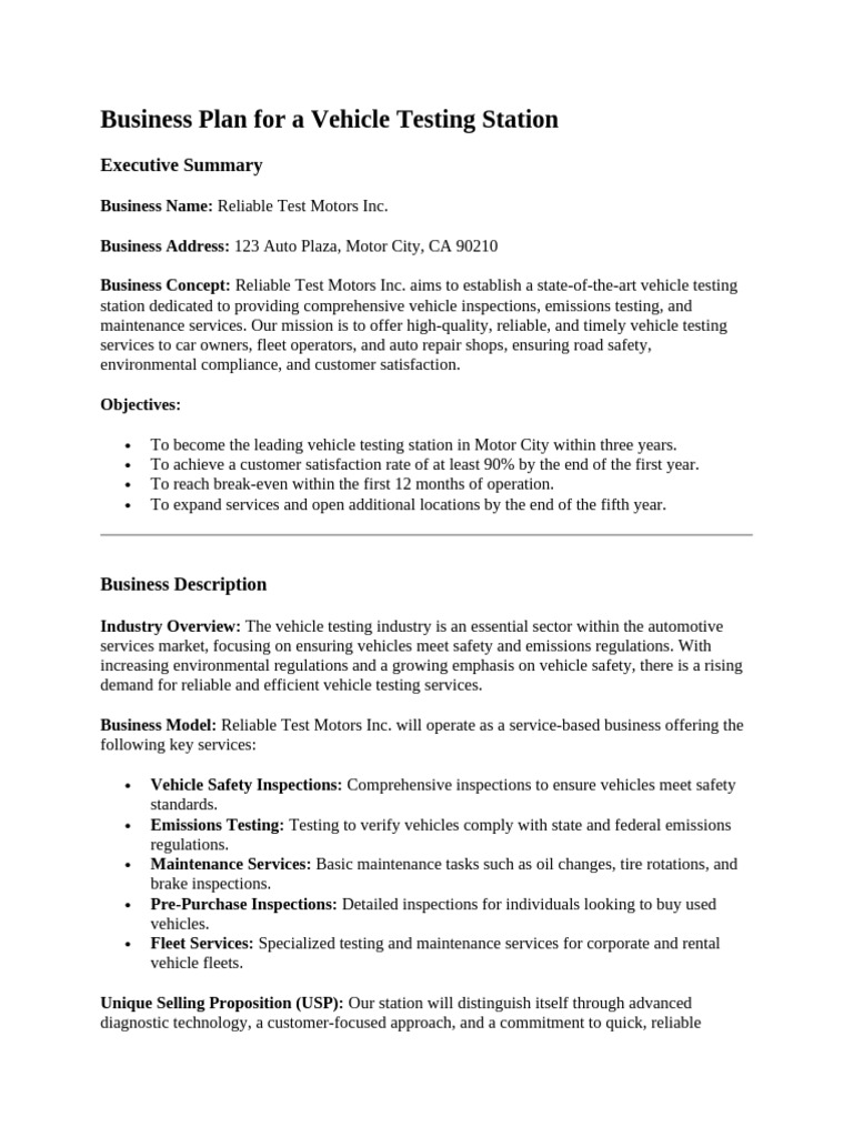 Vehicle Testing Station Business Plan | PDF | Auto Mechanic | Vehicles