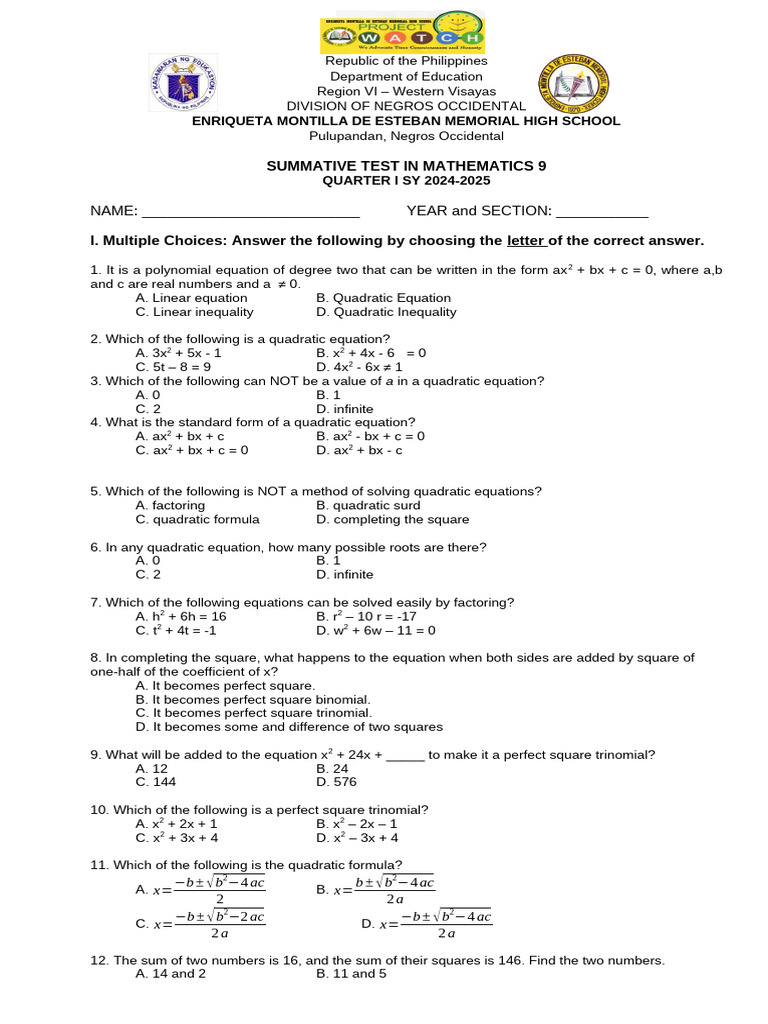 Math 9 Q1 - 1 Solving Quadratic Equations | PDF | Quadratic Equation ...