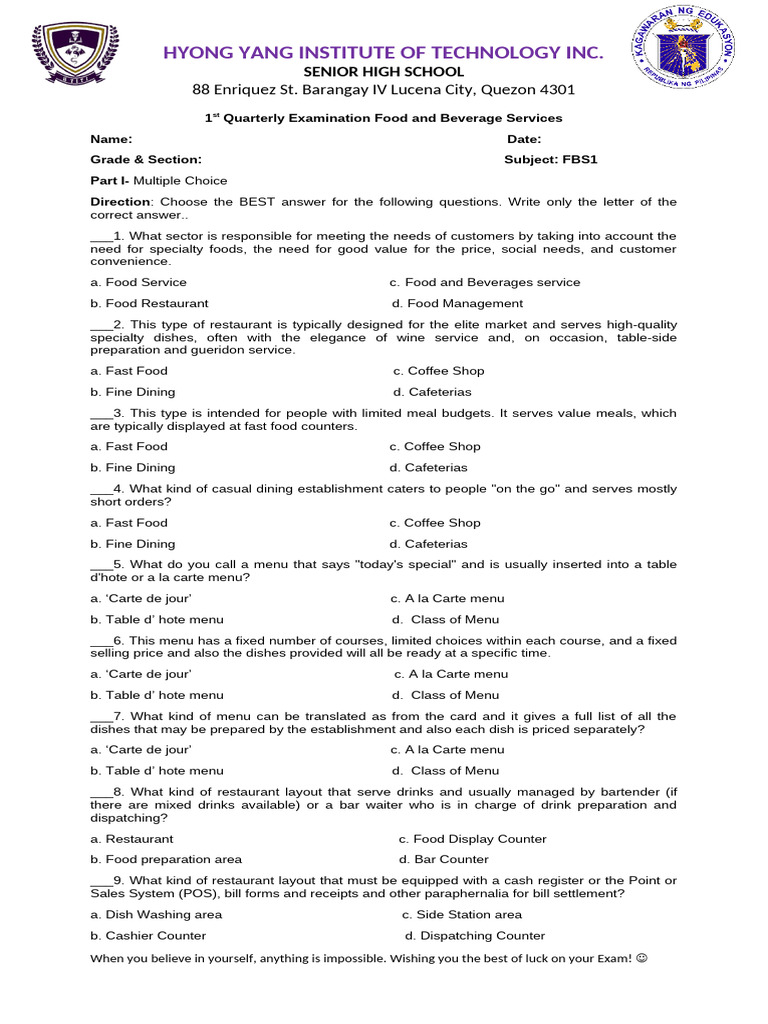 Food and Beverage Services Exam Guide | PDF | Menu | Restaurants